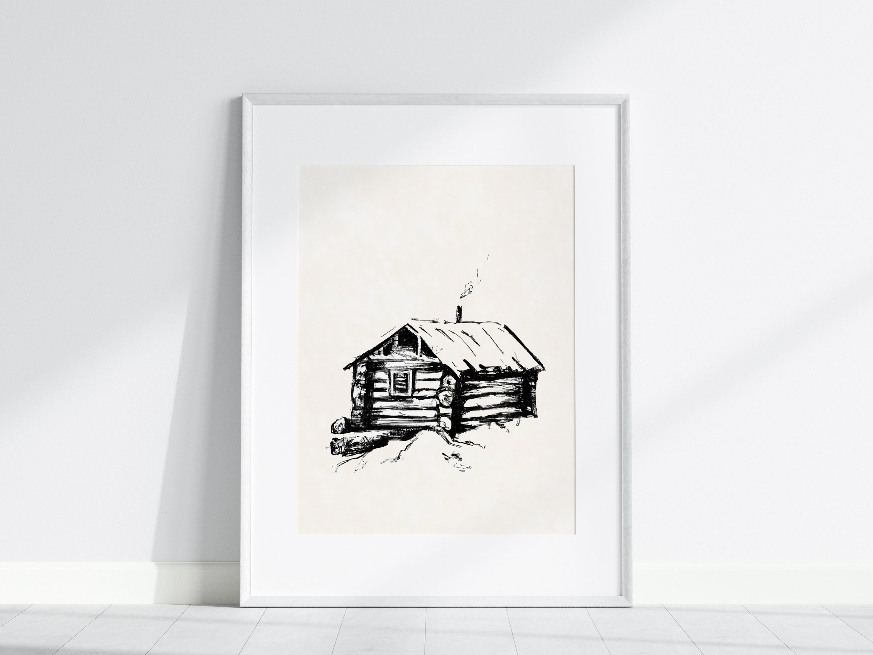 Vintage Black and White Log Cabin Print, Rustic Winter Sketch Wall Art ...