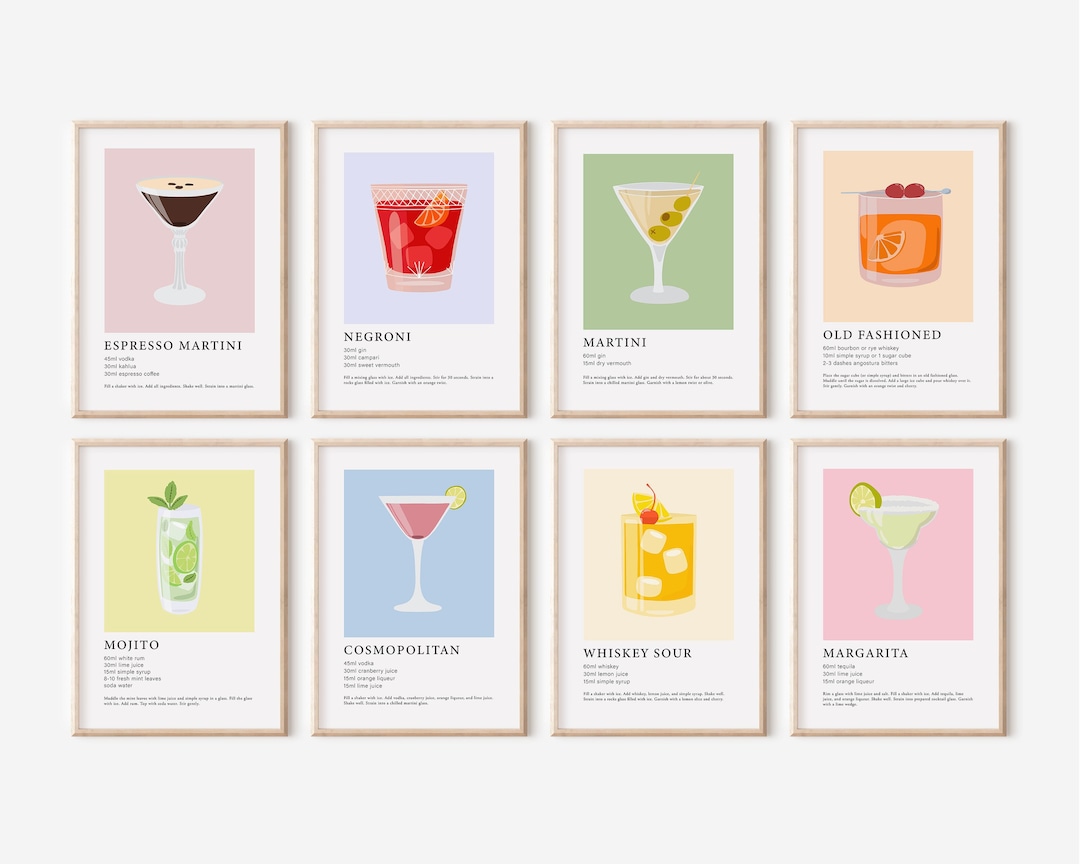 Cocktail Prints Set of 8, Printable Bar Cart Prints, Cocktail Poster ...
