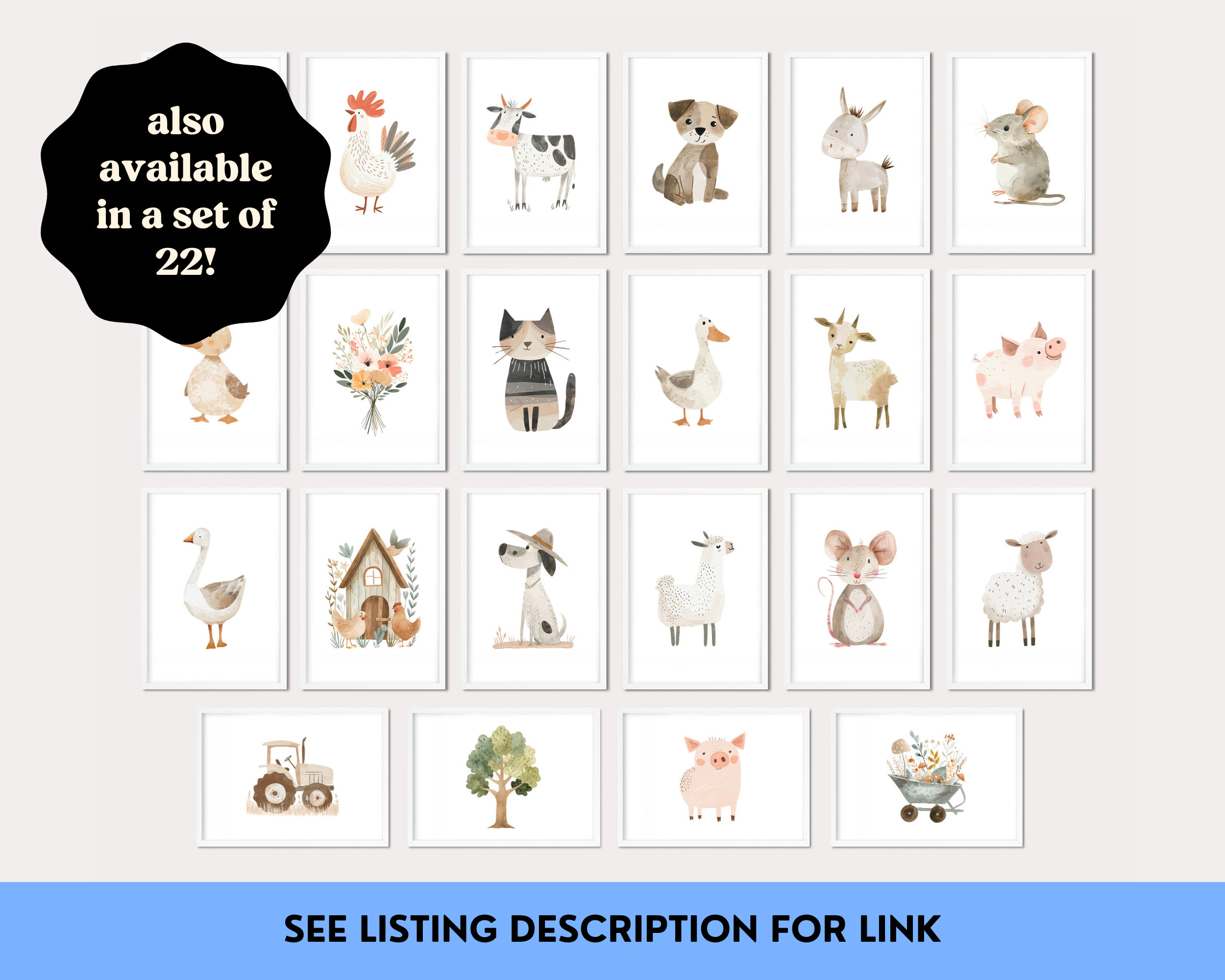 Set of 6 Farmyard Animal Nursery Prints | Printable Farm Nursery Decor ...