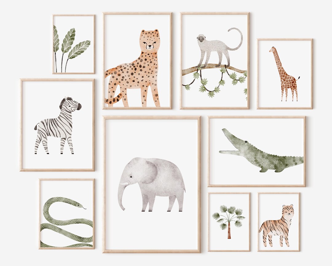 Set of 10 Jungle Theme Nursery Prints, Printable Jungle Wall Art Safari ...