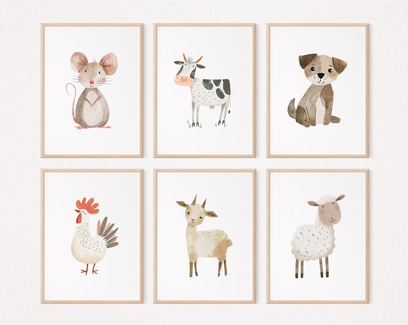 Set of 6 Farmyard Animal Nursery Prints Printable Farm Nursery Decor ...