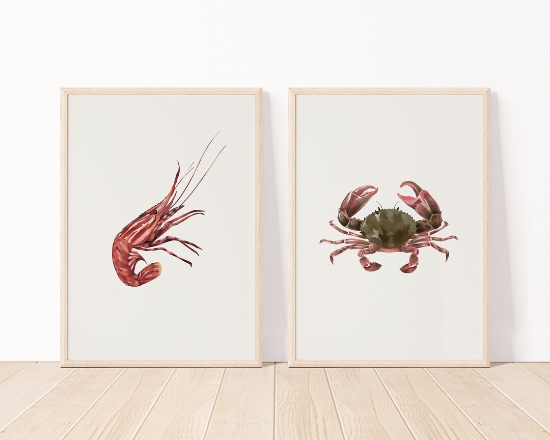 Set of 2 Crab and Prawn Prints Printable Wall Art, Coastal Wall Decor ...
