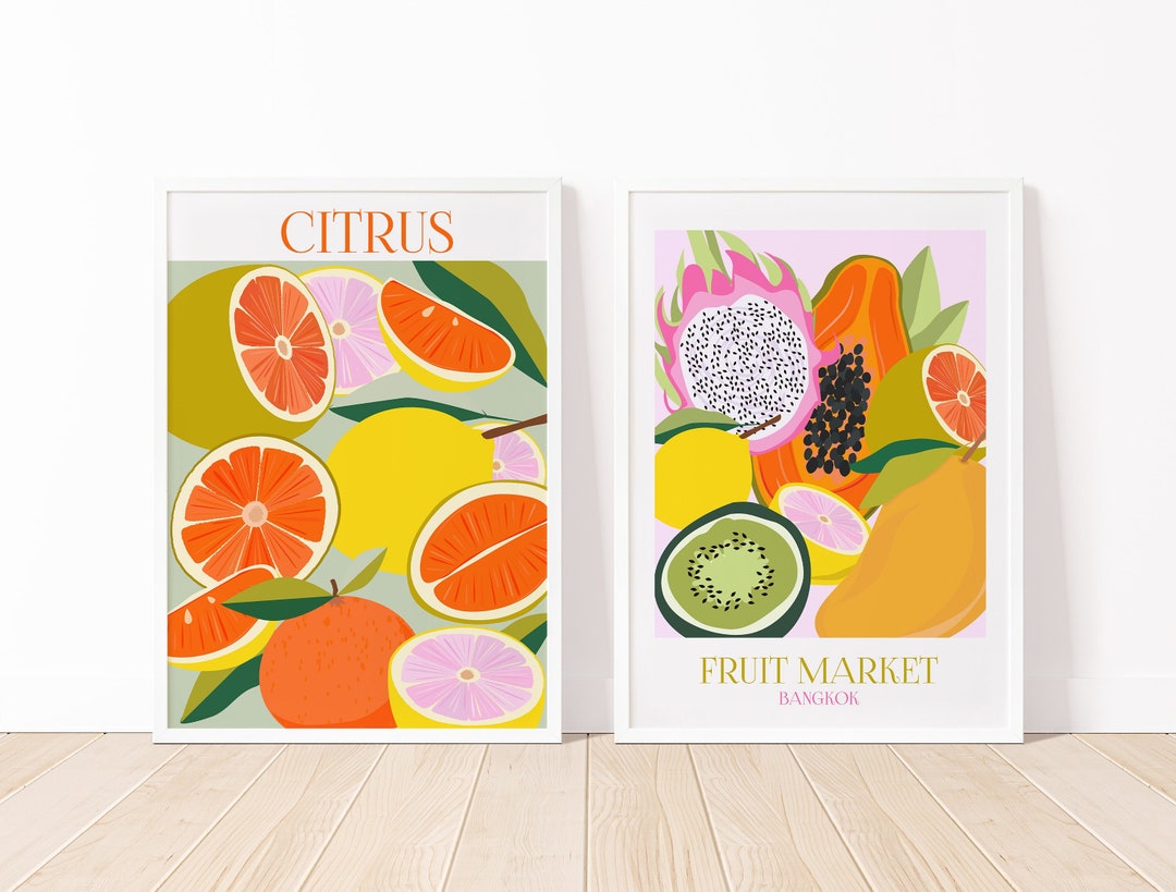 Set of 2 Fruit Prints | PRINTABLE Kitchen Wall Decor, Fruit Market Art ...