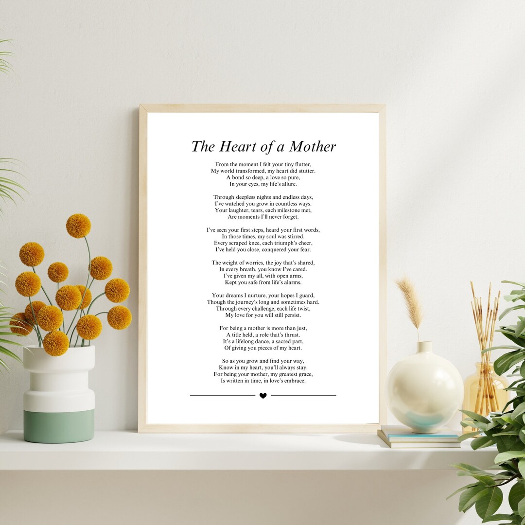 The Heart of A Mother Poem, Gift for Mother, Baby Shower Gift, Poem for ...