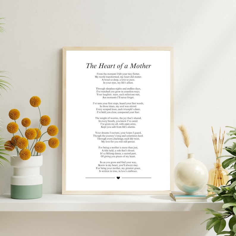 The Heart of A Mother Poem, Gift for Mother, Baby Shower Gift, Poem for ...