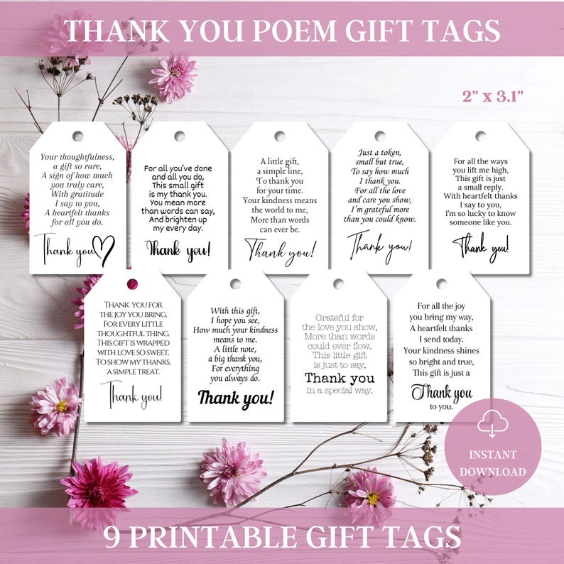 Thank You Poem Gift Tags Printable, Thank You Appreciation Gift Tags ...