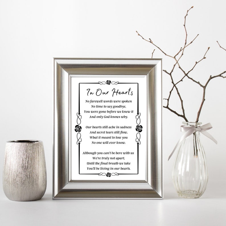 In Our Hearts, Bereavement Poem Wall Art, Funeral Poem, Memorial Poem ...