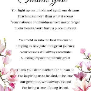Teacher Appreciation Poem Print: Student Thank You Gift (digital ...