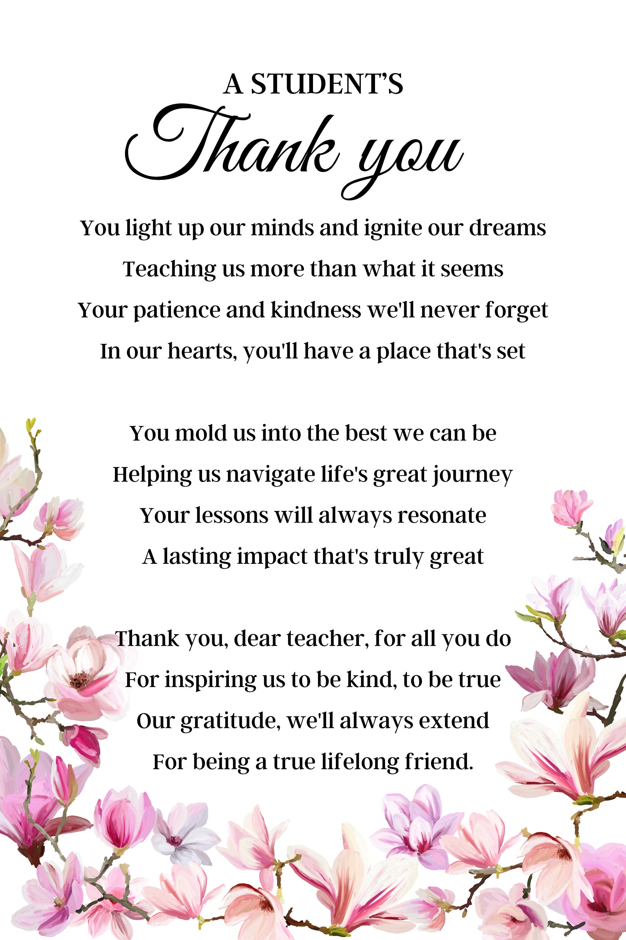 Teacher Appreciation Poem Print: Student Thank You Gift (digital ...