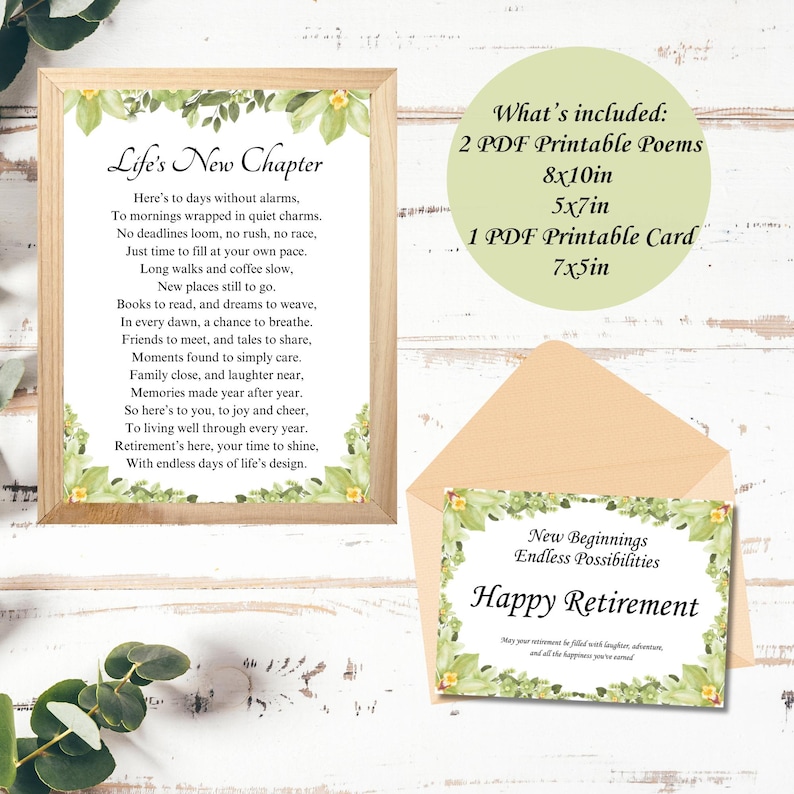 Printable Retirement Poem and Card Bundle, Life's New Chapter ...