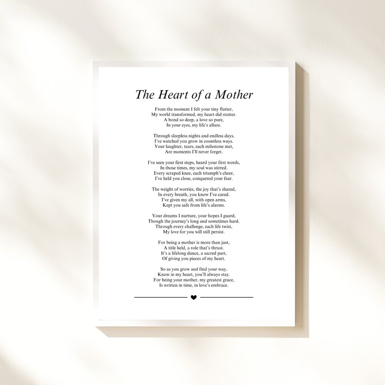 The Heart of A Mother Poem, Gift for Mother, Baby Shower Gift, Poem for ...