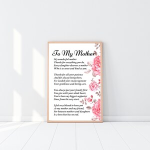 Mother Poem, Gift for Mother, Mother Poetry Wall Art, Mother Poem Print ...