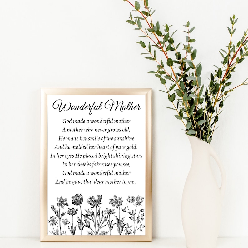 Wonderful Mother Poem, Gift for Mother, Printable Wall Art, Mother Poem ...
