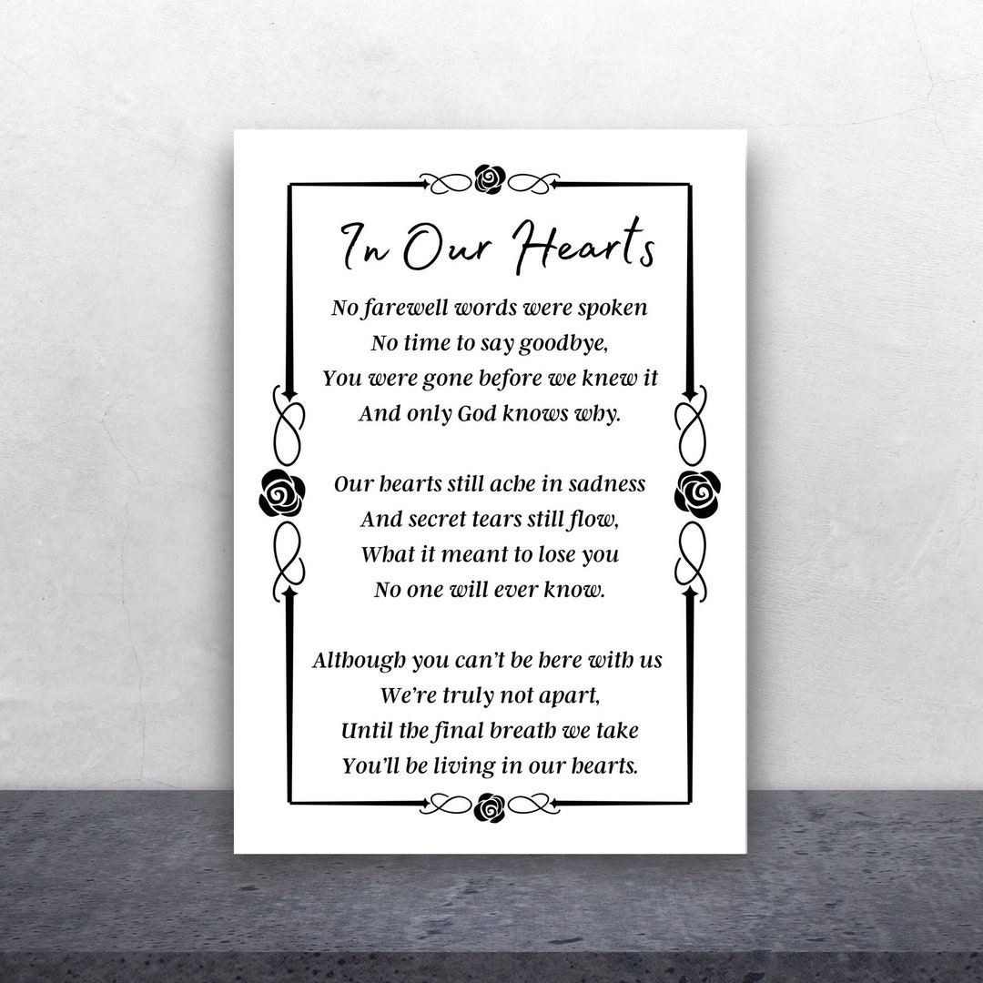 In Our Hearts, Bereavement Poem Wall Art, Funeral Poem, Memorial Poem ...