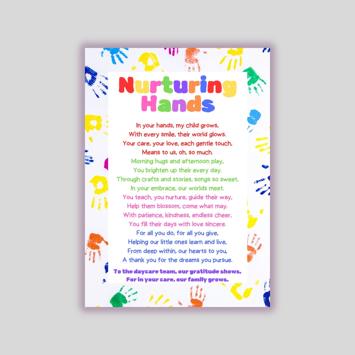 Nurturing Hands Poem for Daycare Childcare Educators, Pre School Kindy ...