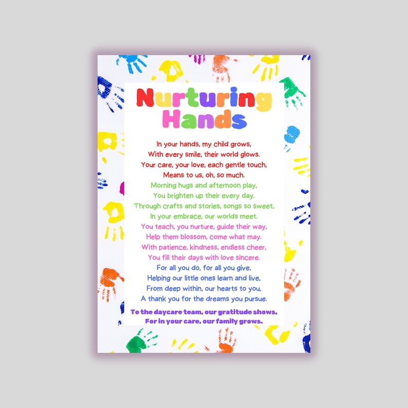 Nurturing Hands Poem for Daycare Childcare Educators, Pre School Kindy ...