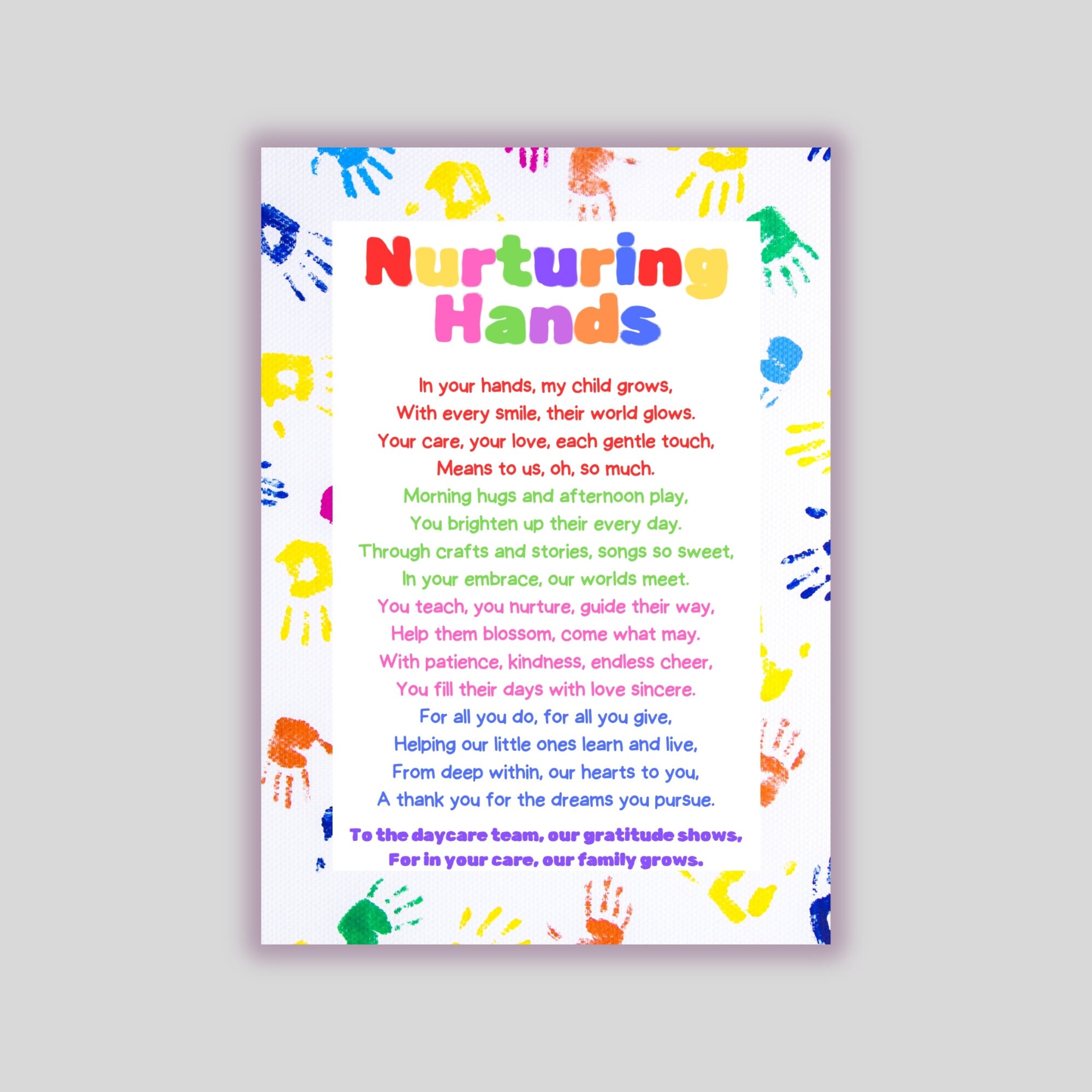 Nurturing Hands Poem for Daycare Childcare Educators, Pre School Kindy ...