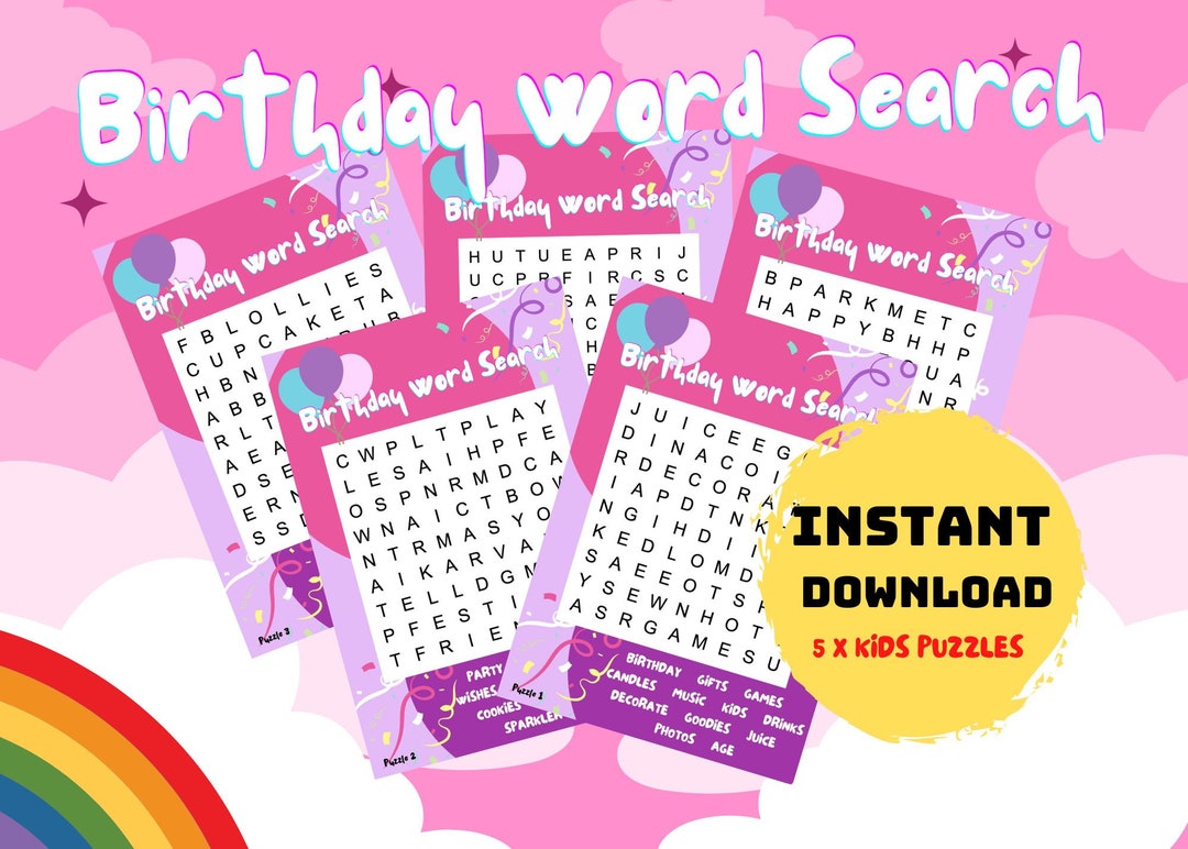 BIRTHDAY Word Search Puzzle for Kids - 5 X Instant Digital Printable ...