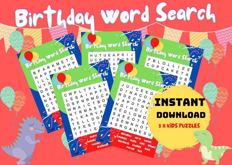 BIRTHDAY Word Search Puzzle for Kids - 5 X Instant Digital Printable ...