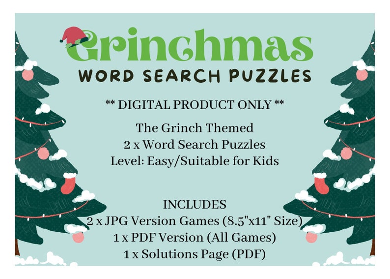 GRINCH Christmas KIDS Word Search Puzzle 2 X Instant Digital Printable ...