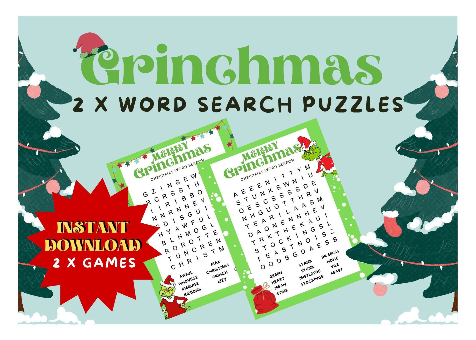 GRINCH Christmas KIDS Word Search Puzzle 2 X Instant Digital Printable ...