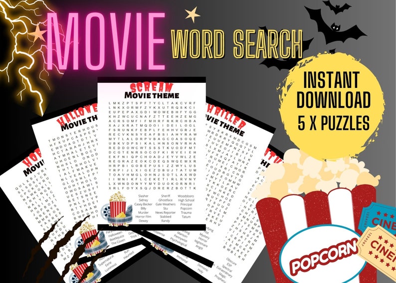Horror Movie Word Search Puzzle - 5 X Instant Digital Printable Games ...