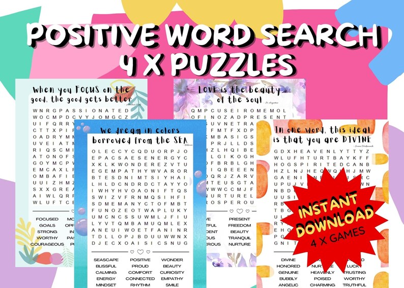 4 X POSITIVE Word Search Puzzle - Instant Digital Printable Games | Fun ...