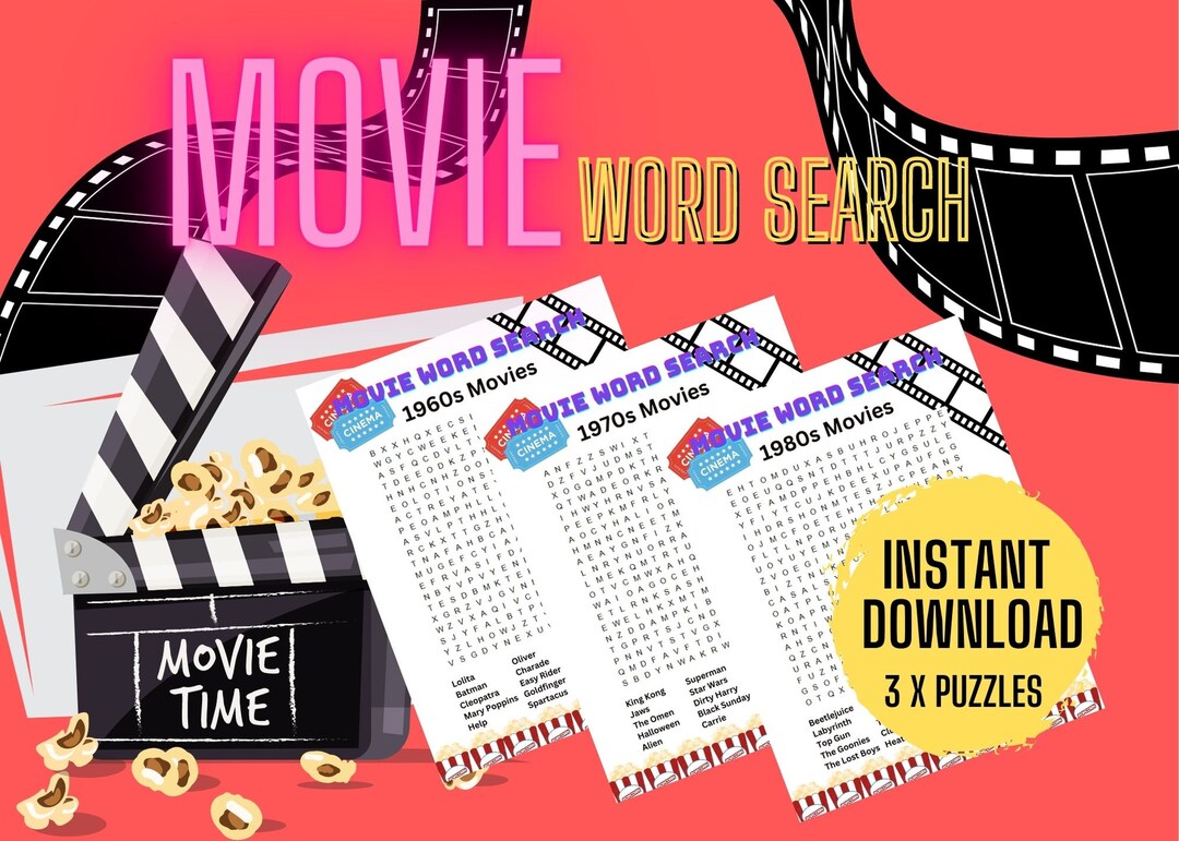 Movie Word Search Puzzle - 3 X Instant Digital Printable Games | 1960s ...