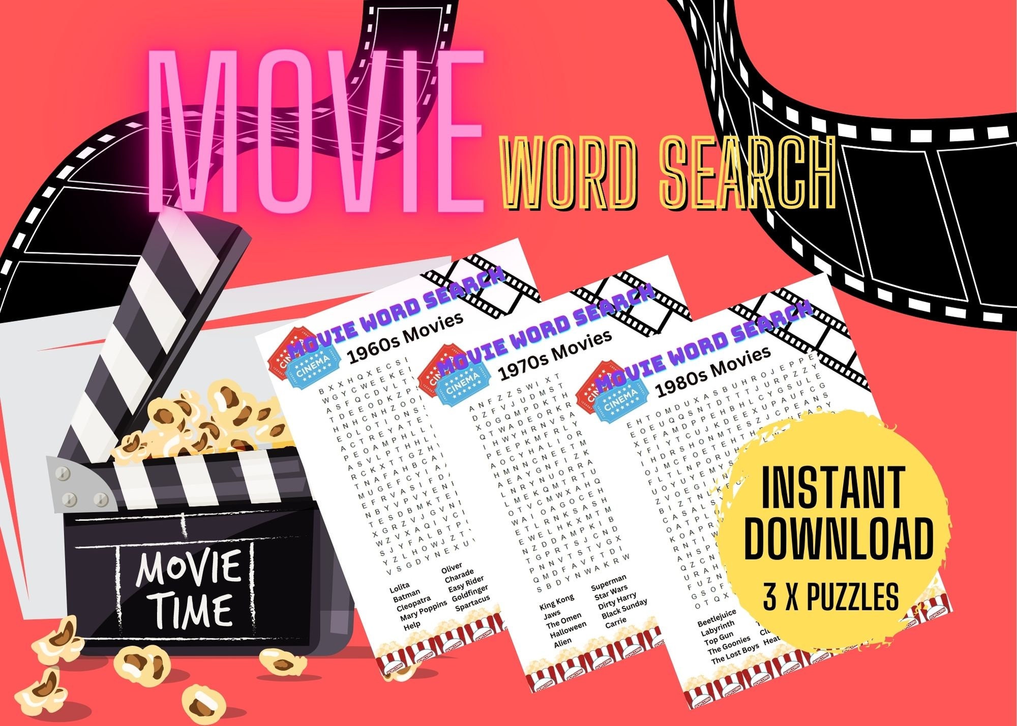 Movie Word Search Puzzle - 3 X Instant Digital Printable Games | 1960s ...