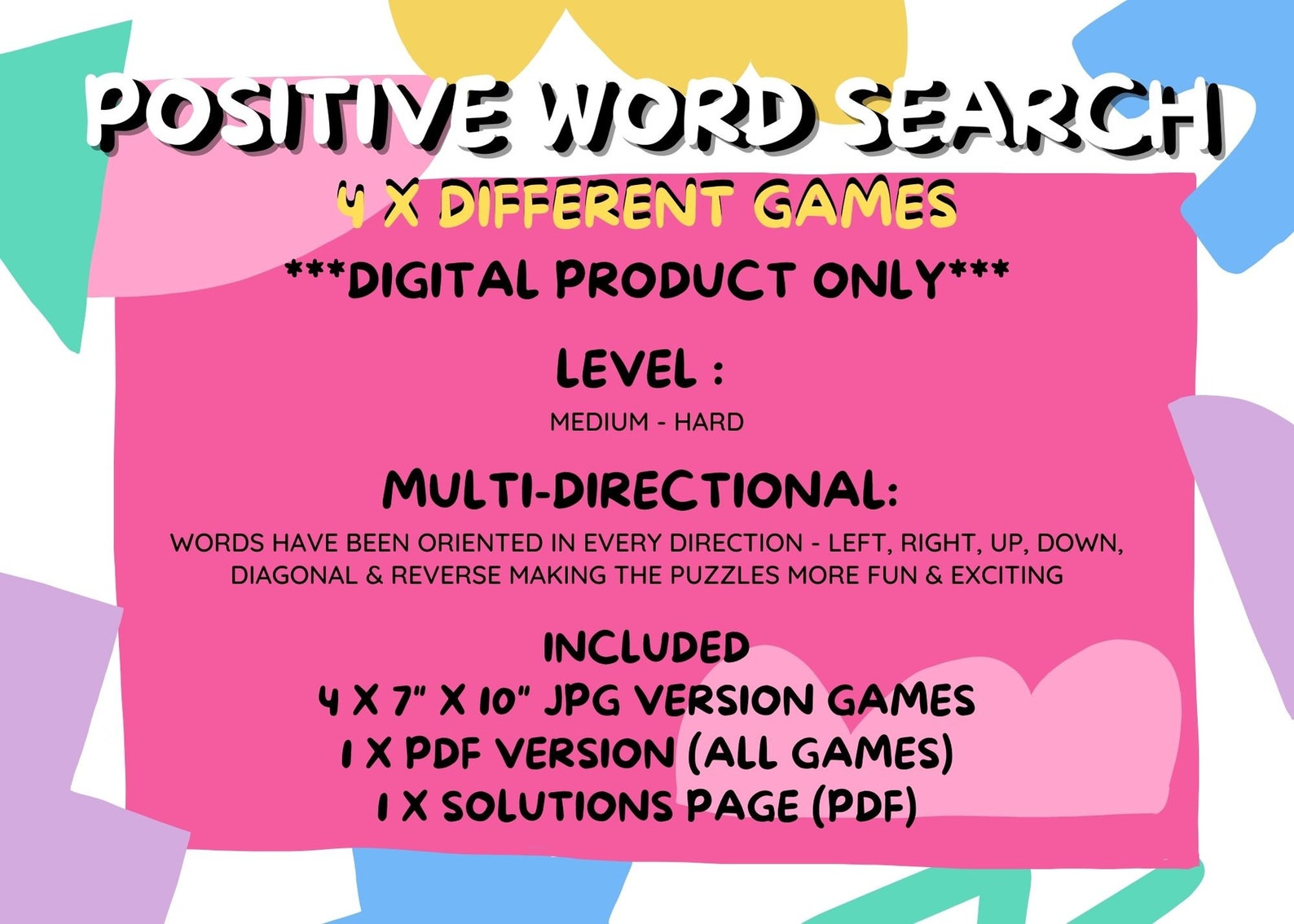 4 X POSITIVE Word Search Puzzle - Instant Digital Printable Games | Fun ...