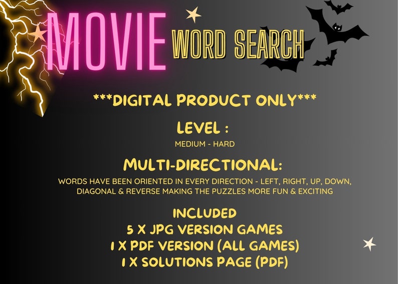 Horror Movie Word Search Puzzle - 5 X Instant Digital Printable Games ...