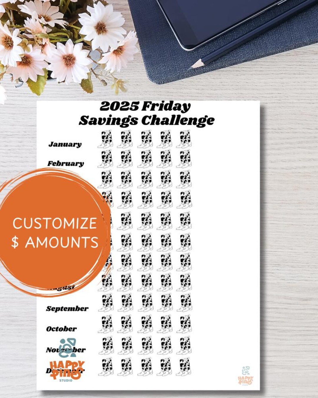 Cowboy Boot Bow Savings Tracker, 2025 Friday Savings Tracker, Budget ...