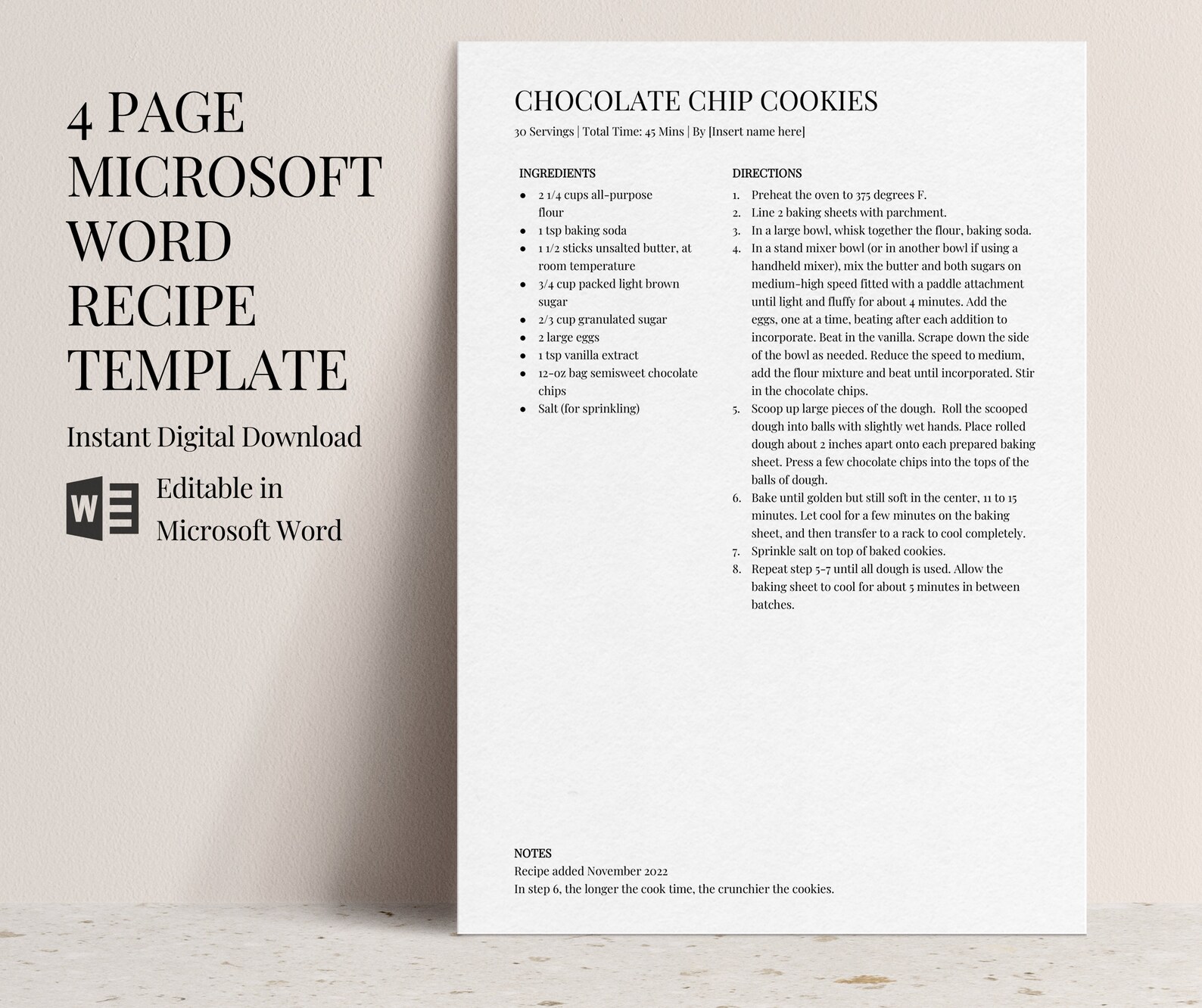 Microsoft Word Recipe Sheet Template Editable, 4 Recipe Page Template ...