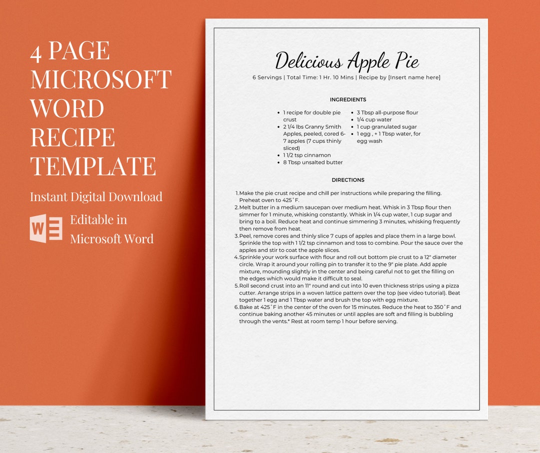 4 Editable Microsoft Word Recipe Template, Farmhouse Recipe Design ...