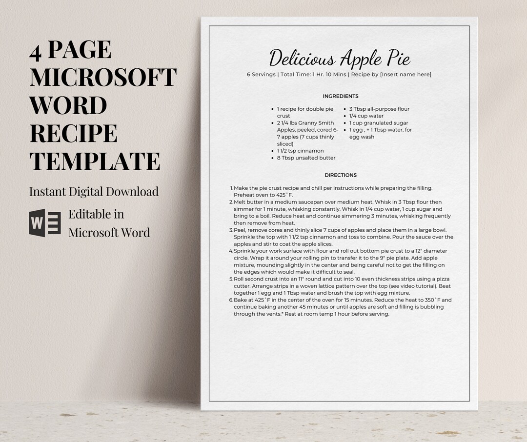4 Editable Microsoft Word Recipe Template, Farmhouse Recipe Design ...