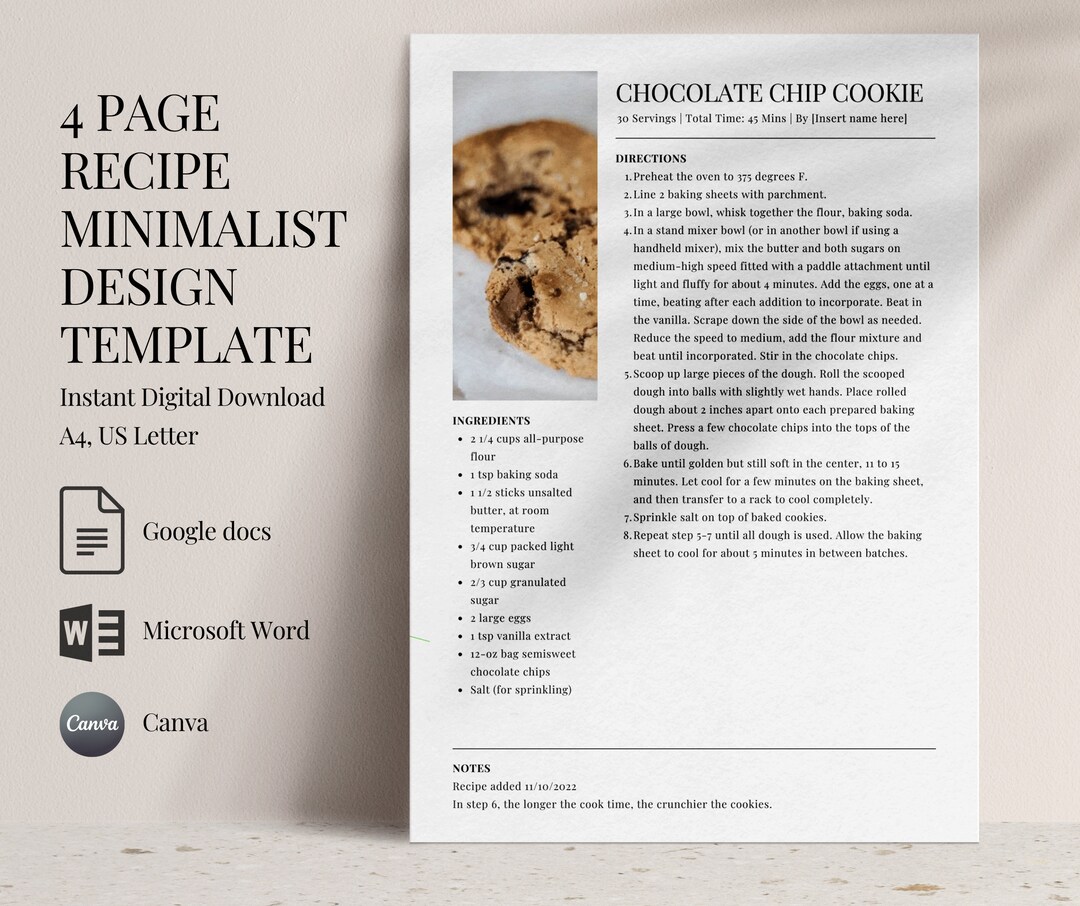 Recipe Template Editable, Minimalist Design, Canva, Google Doc, Word, 4 ...