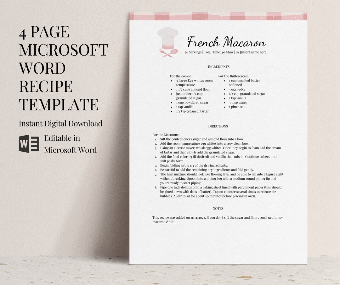 4 Editable Microsoft Word Recipe Template, Bakery Theme Recipe Design ...