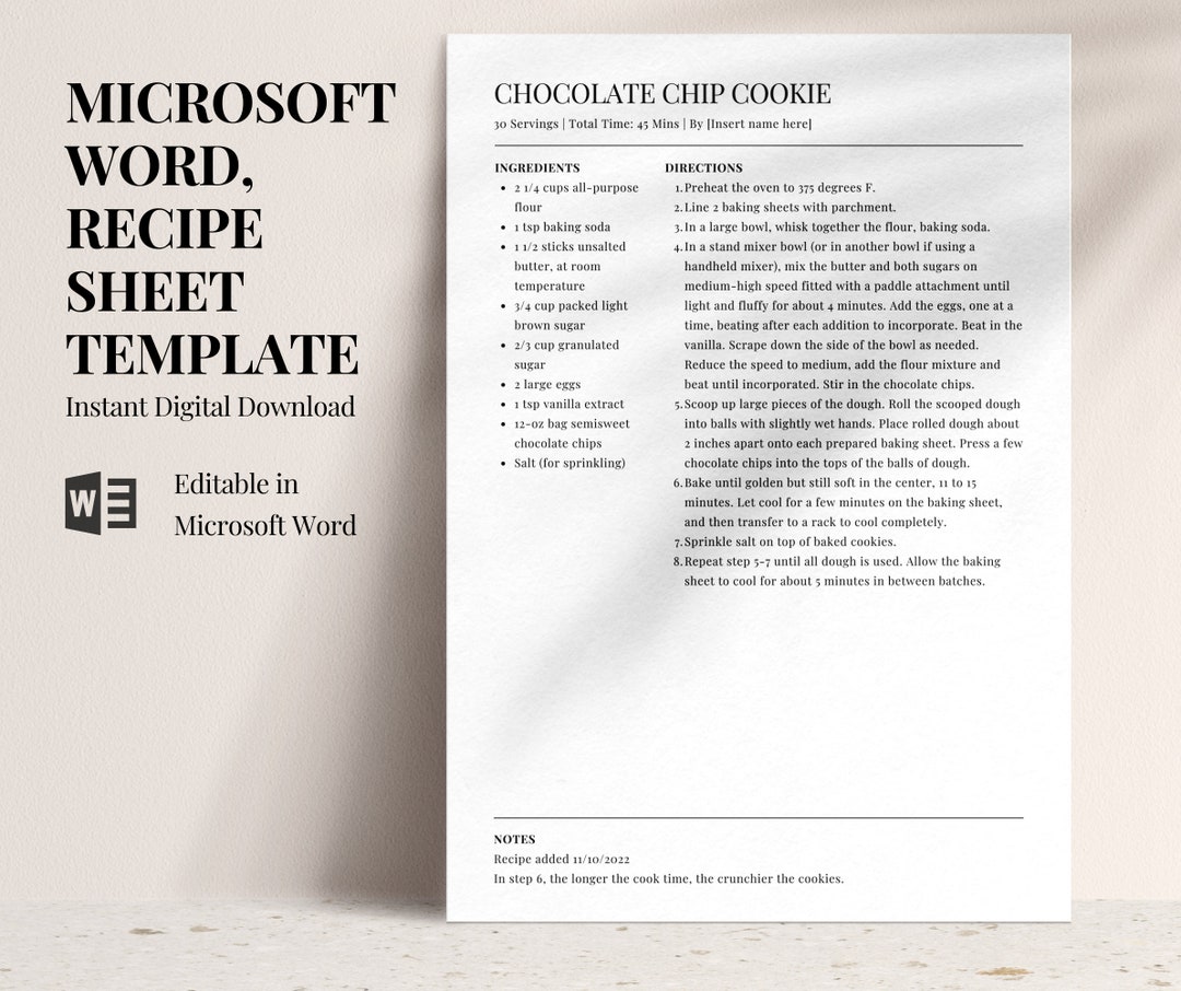 Microsoft Word Recipe Sheet Template Editable, 4 Recipe Page Template ...