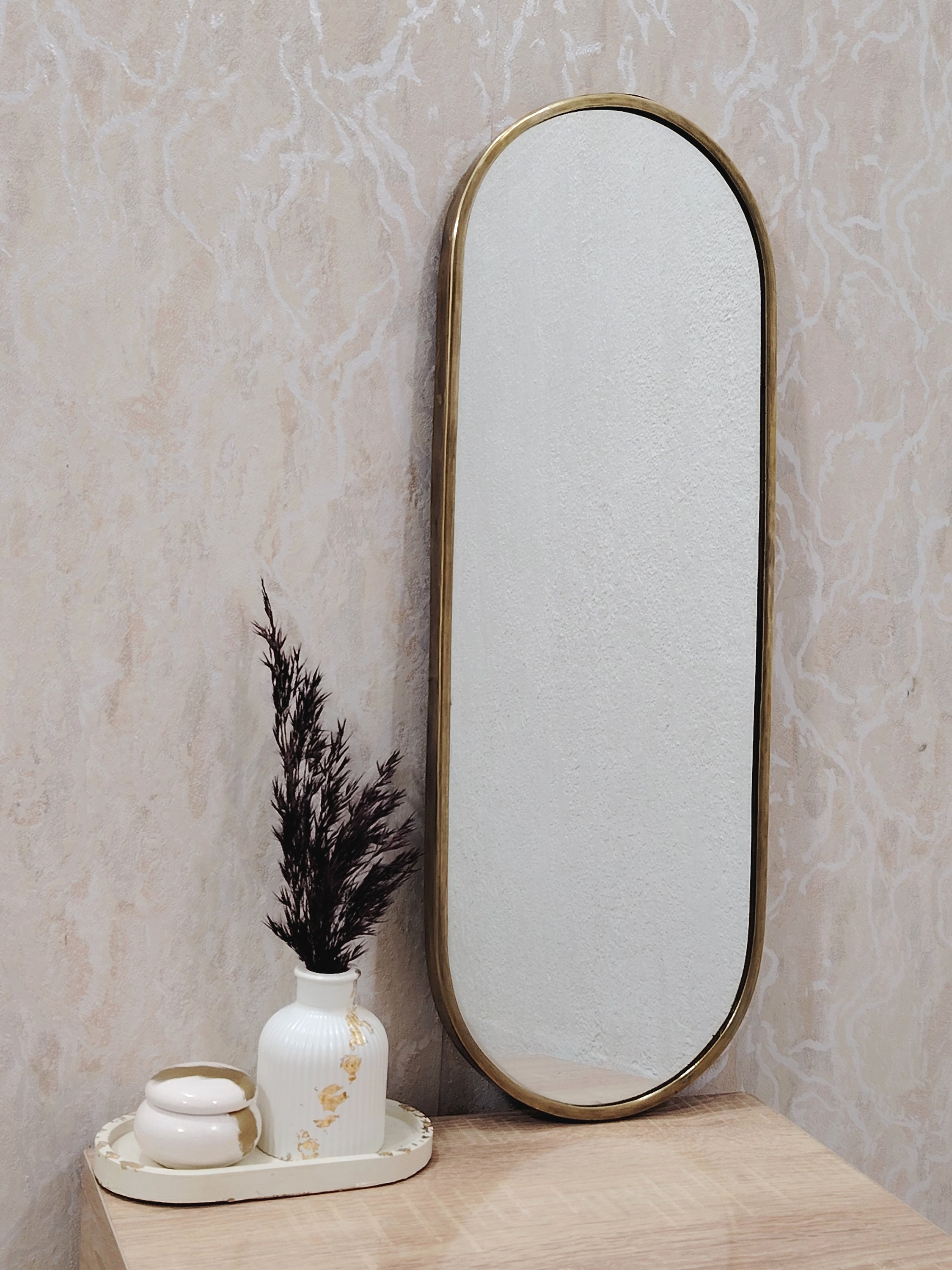 Capsule Mirror, Pill Shaped Modern Mirror With a Brass Frame, Vertical ...