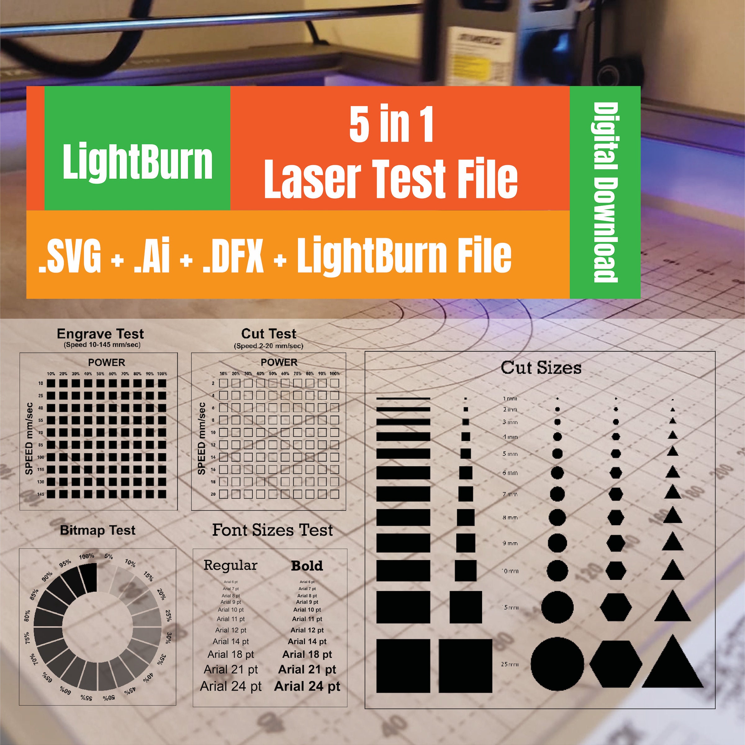 Basic Test Grid Bundle Schneiden und Gravieren für LightBurn File ...