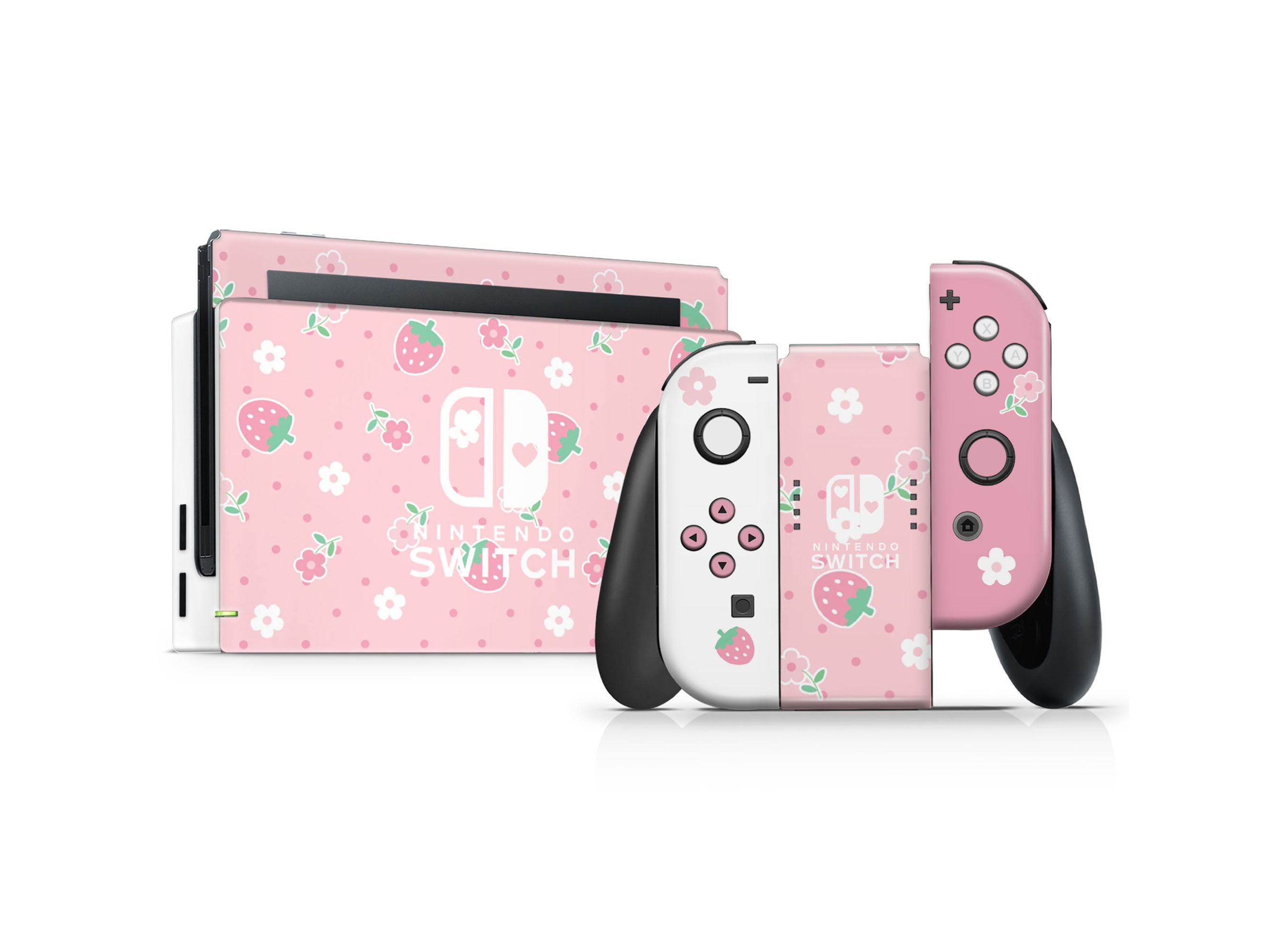 Cute Pink Strawberry Daisy Nintendo Switch Skin, Kawaii Floral Switch ...