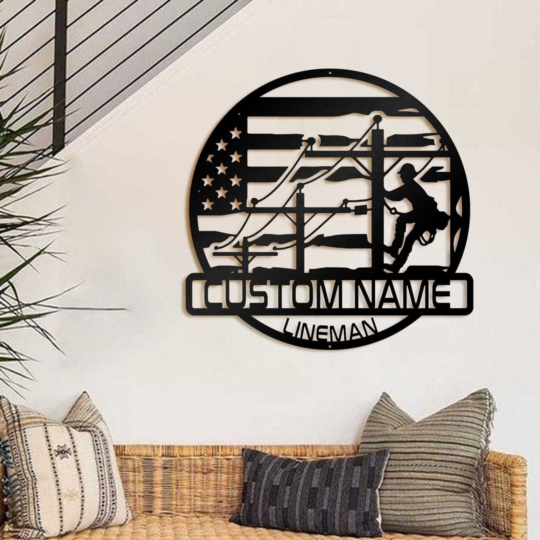 Personalised Lineman USA Flag Round Metal Wall Decor - Name Sign ...