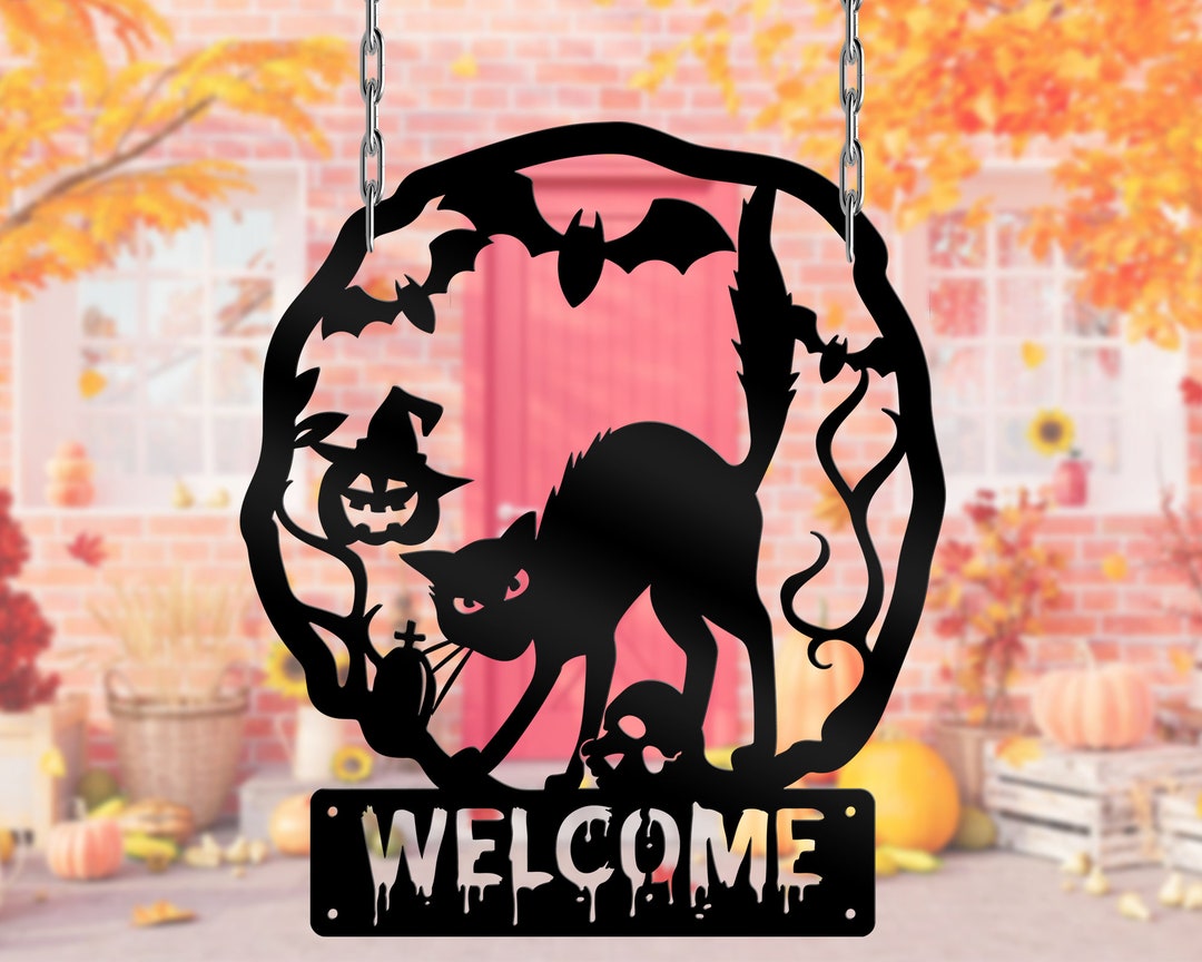 Scary Cat Halloween Welcome Sign - Haunted Halloween Metal Home Décor ...