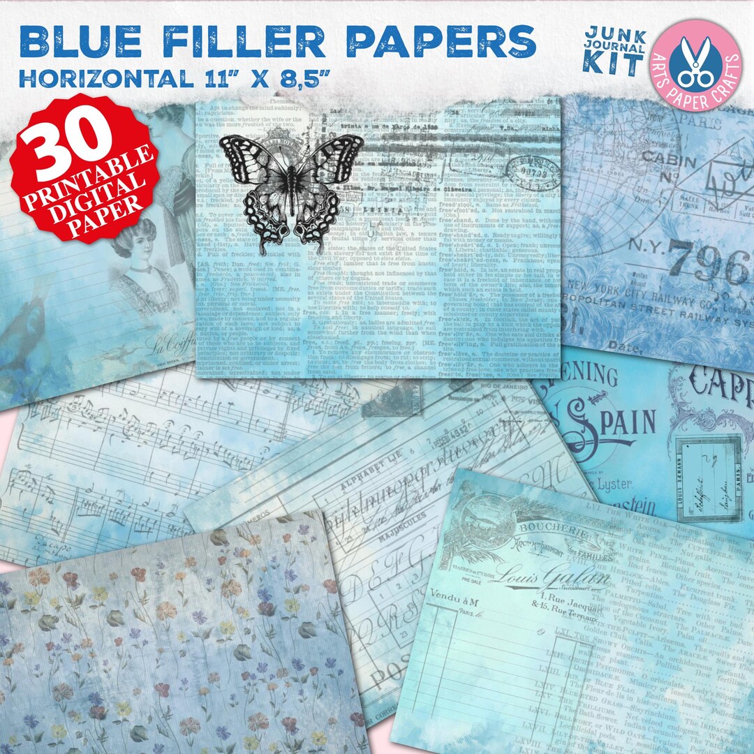 Junk Journal Filler Papers - Vintage Blue Scrappy Papers - Neutral ...