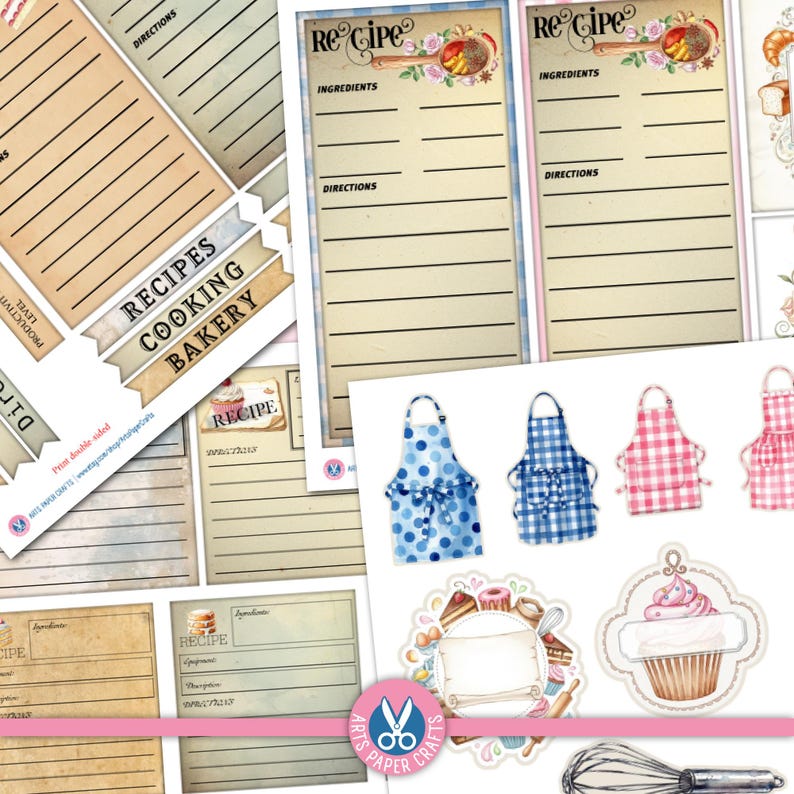 Junk Journal, Shabby Chic Digital Recipe Folio, Tab Folder, Recipe ...