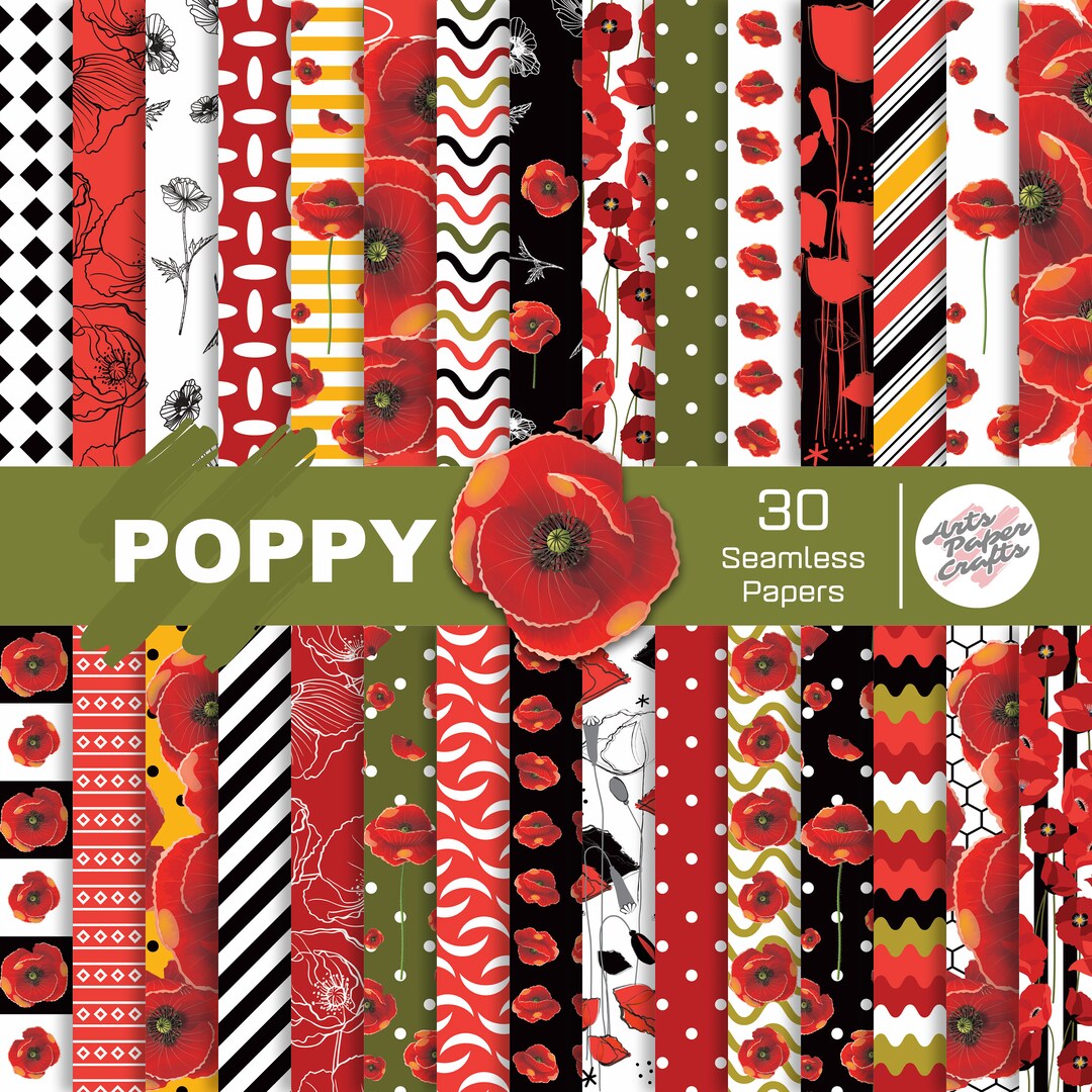 Poppy Seamless Digital Paper Sets Poppy Theme Party Red Black Orange ...