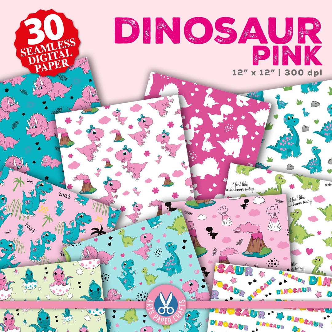 Pink Dinosaur Digital Papers Set - Pink Blue Dinosaur Background ...