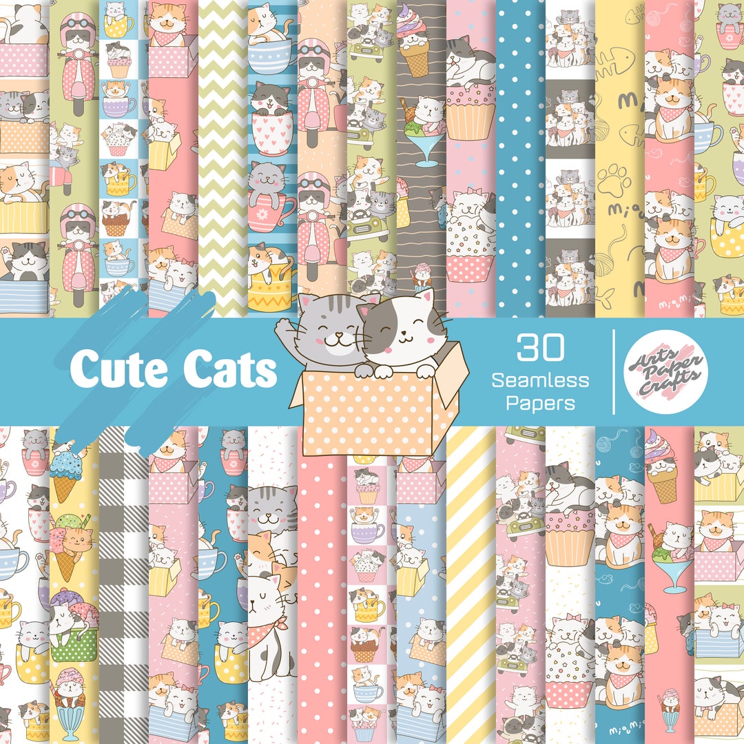 Cute Cats Digital Paper Sets Cute Theme Party Cats Background Seamless ...