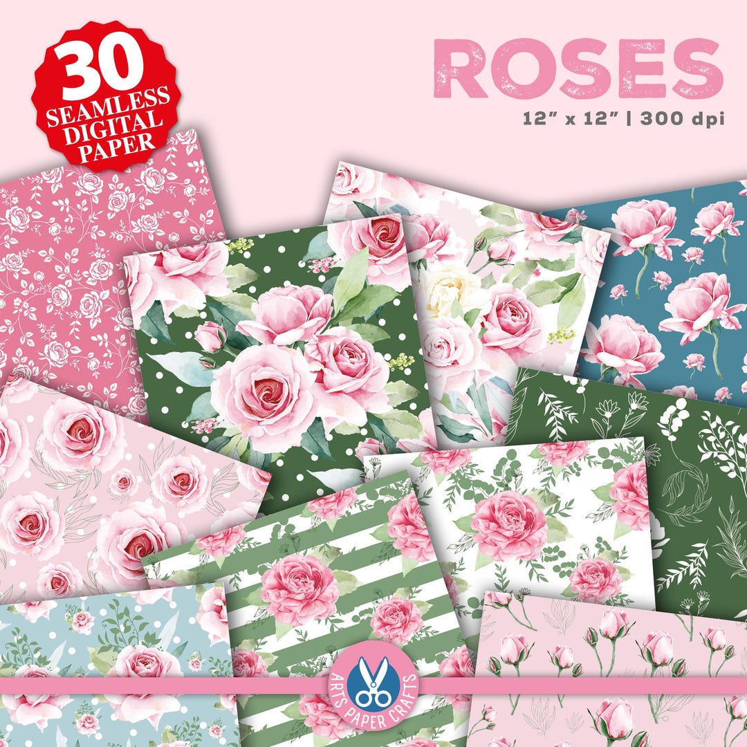Roses Watercolor Flower Digital Paper Sets, Shabby Chic Papers, Junk ...