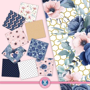 Gold and Roses Digital Paper Set, Navy Gold & Rose Theme Party, Glitter ...